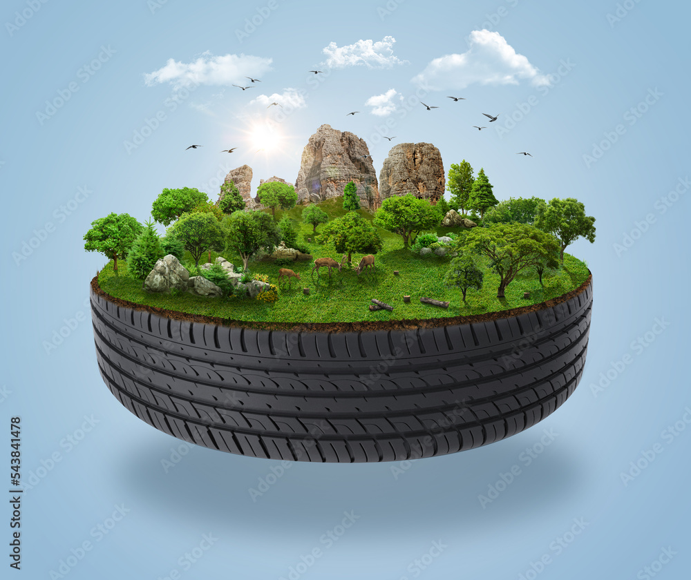 3d illustration of floating green forest on a car tire, creative tire ...
