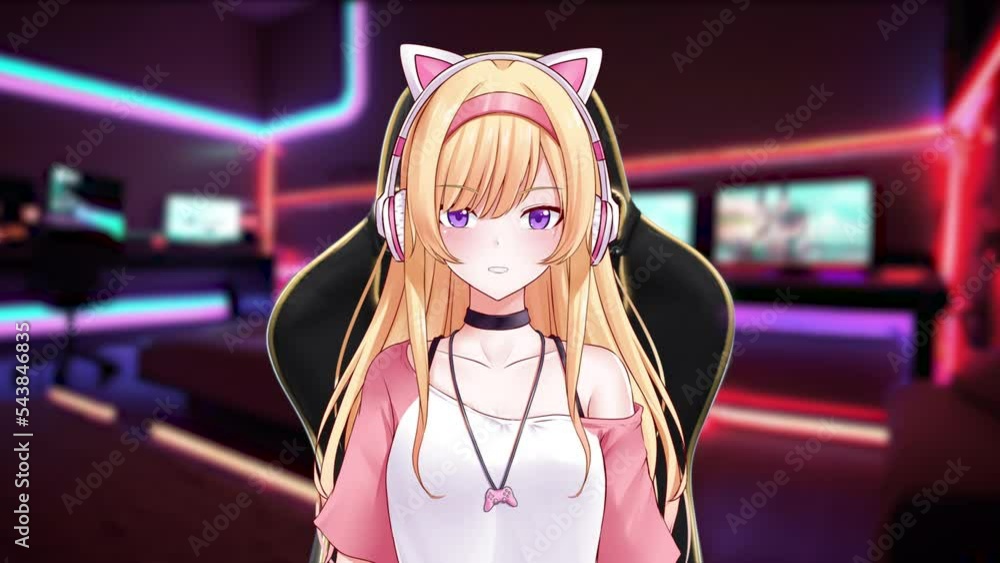 Cute 2D anime girl vtuber gaming streamer interact from cyberspace ...