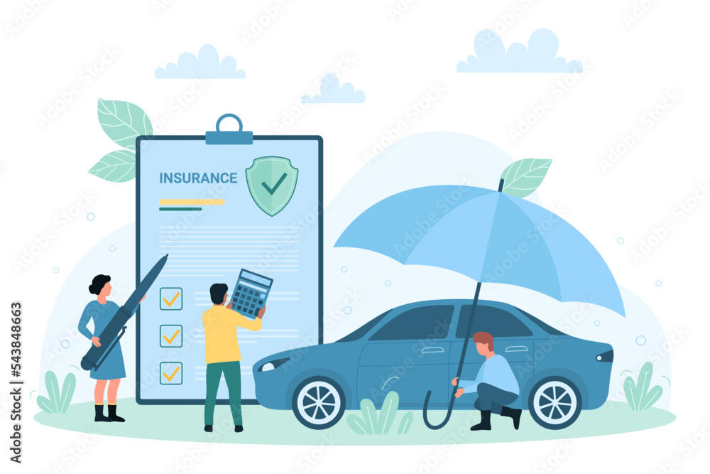 Car insurance vector illustration. Cartoon tiny people holding umbrella ...