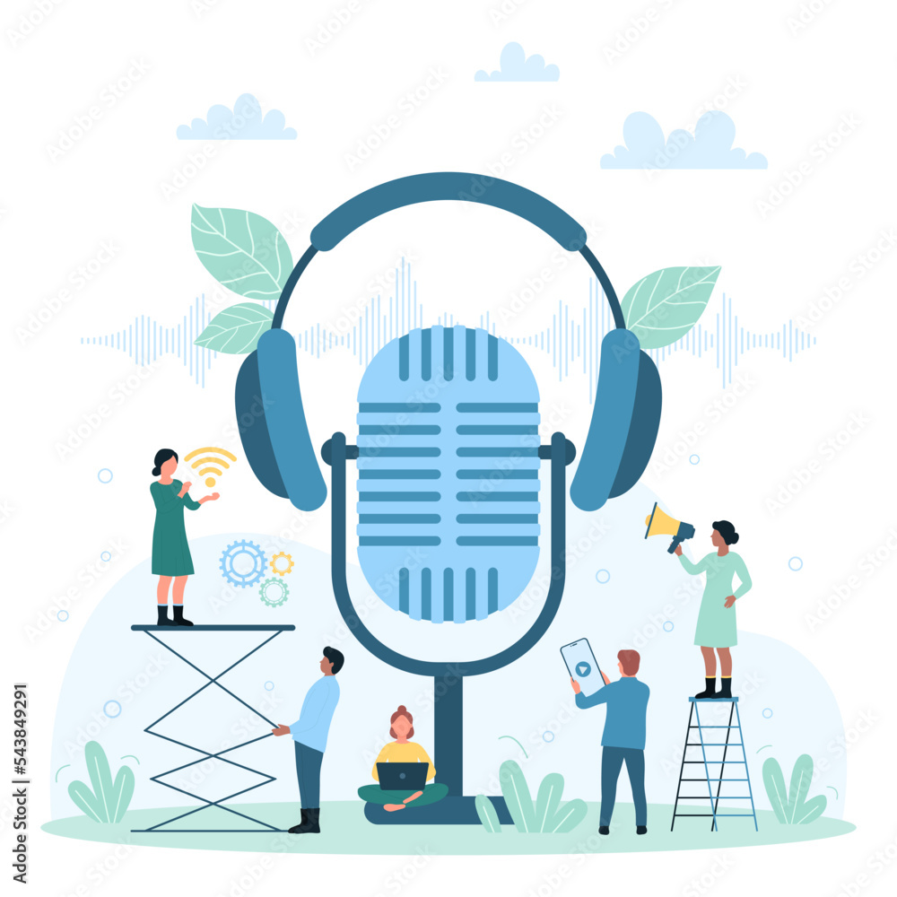 Vetor de Audio podcast vector illustration. Cartoon tiny people record ...