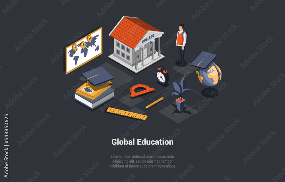 Global Education Program Concept. Boy Student With Backpack Near Stack ...