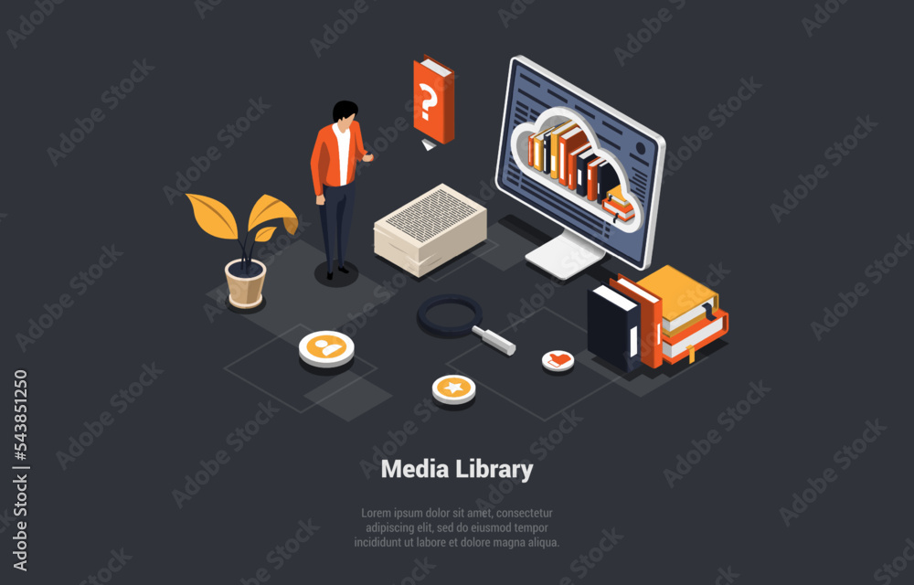 Self Education And Media Library. Character Near Huge Computer ...