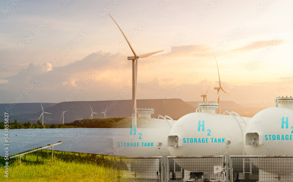 H2 fuel storage tank with green hydrogen concept. Sustainable renewable ...