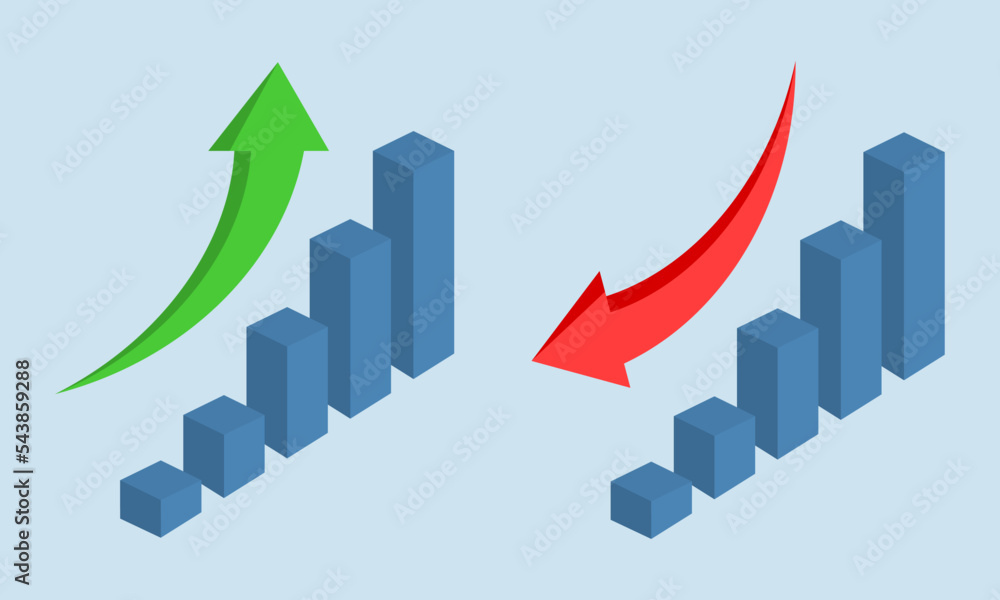 Financial arrows up and down. Vector 3d graph with green and red arrows. Chart with increase ...