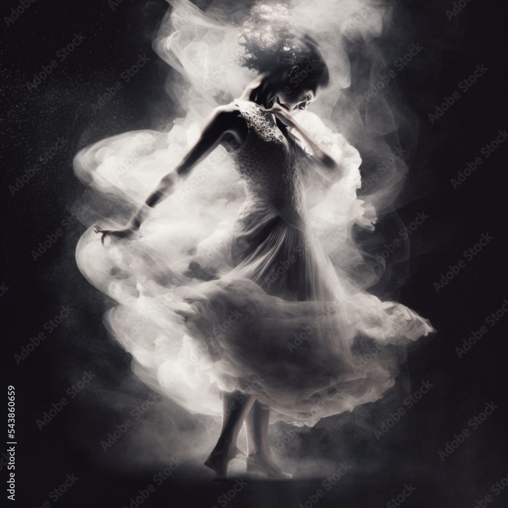 Beautiful female dancer dissolving into white smoke - fictional ...