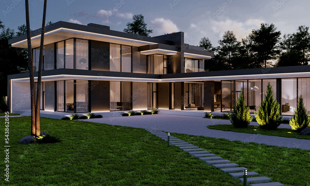 Large residence with panoramic windows. Evening illumination of the ...