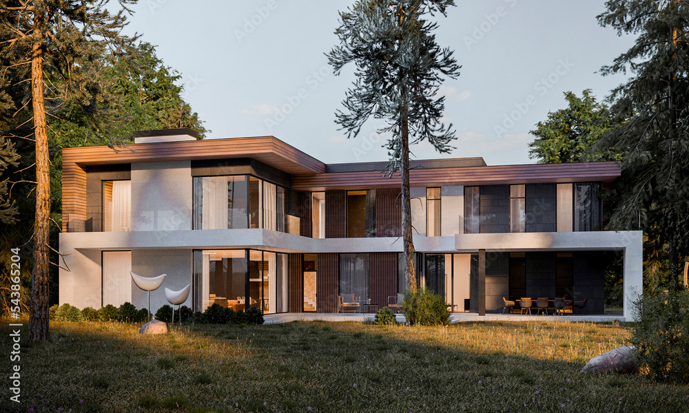 Modern house in the forest. House with a flat roof and panoramic ...