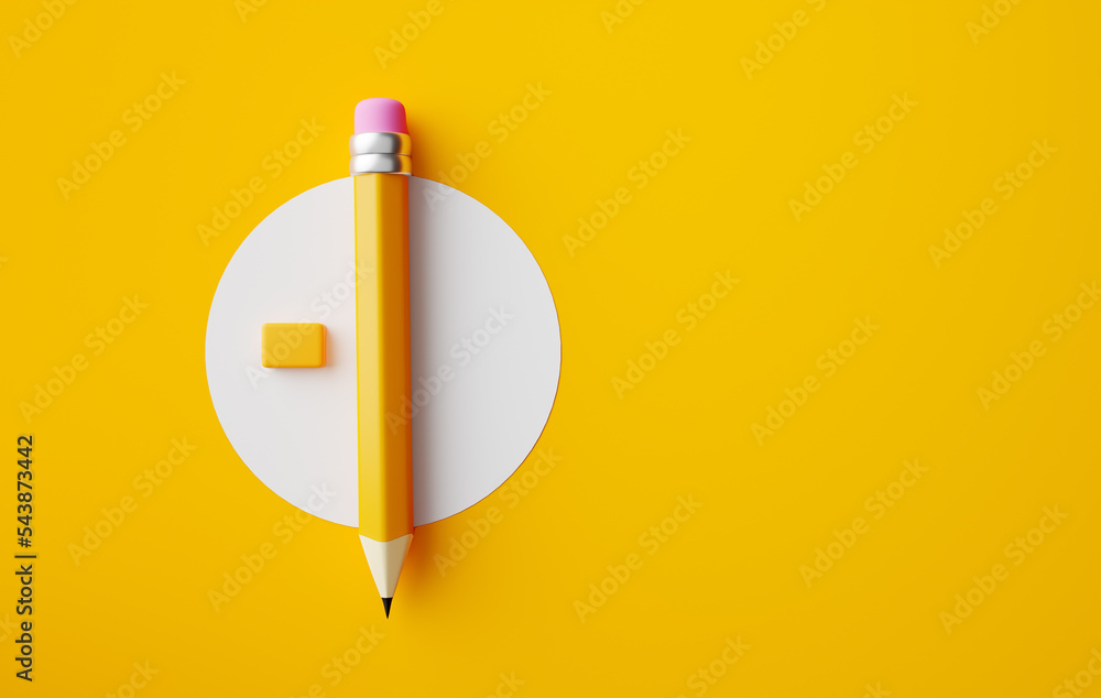 Pencil and eraser on a circle on white background with copy space ...