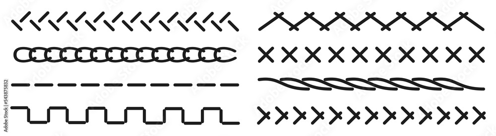 Set Stitch Sewing Machine Cut Lines Sewing Stitches Set Seam Vector