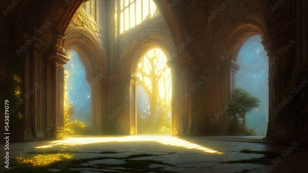 Large panoramic arched windows. Fantasy interior of the palace with ...