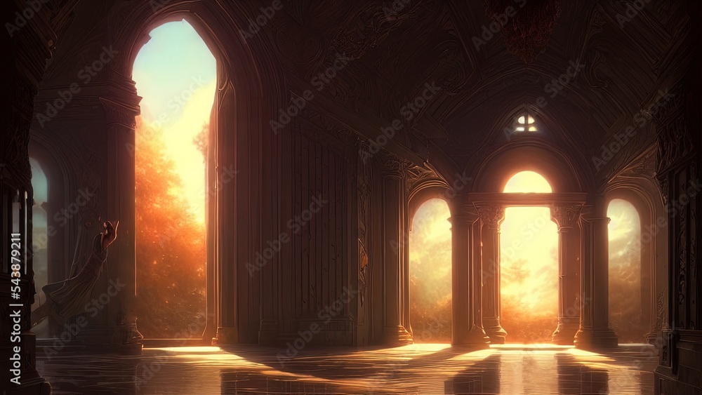 Large panoramic arched windows. Fantasy interior of the palace with ...