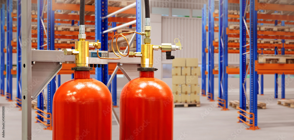 Warehouse fire extinguishing system. Flame control technology. Red fire ...