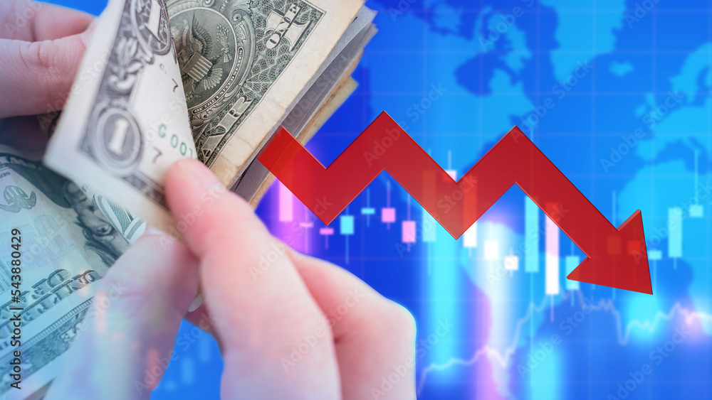 Dollars in hands man. Crisis chart on blue. Concept reducing world GDP ...