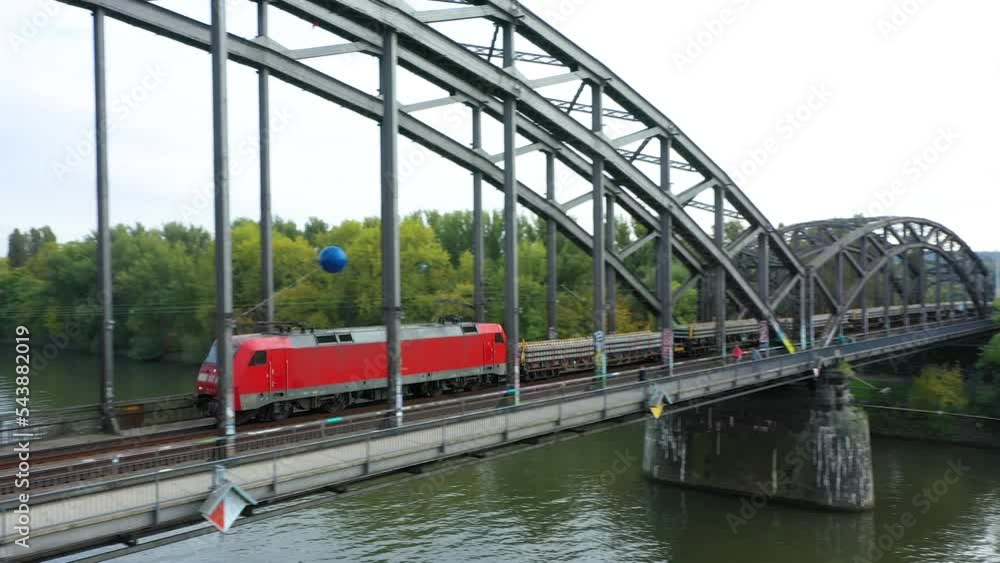Cargo Train Moving On Railroad Bridge. Frankfurt City Bridge. Freight ...