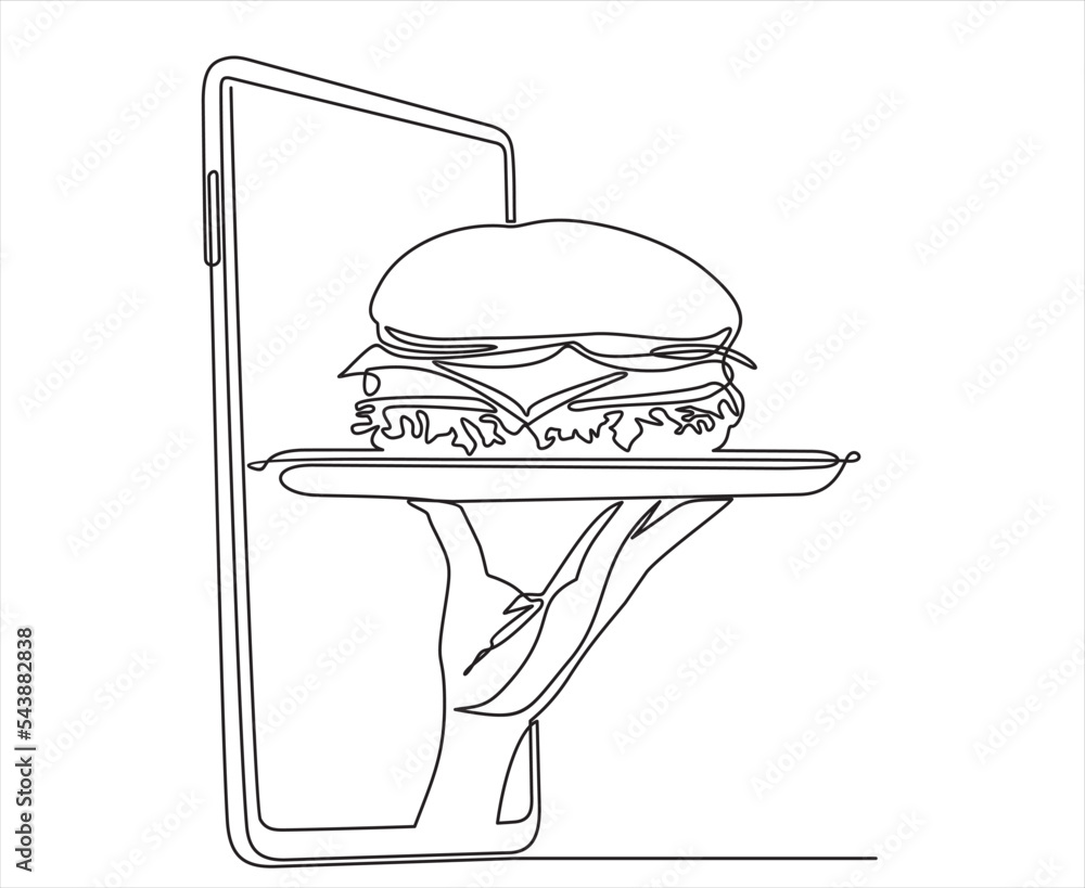 Continuous one line drawing of Hand holding a burger on screen smart ...