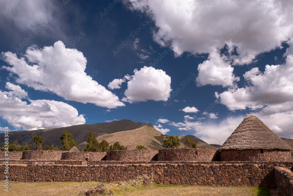 Circular houses at Wiracocha Temple in Raqchi, Inca archaeological site ...