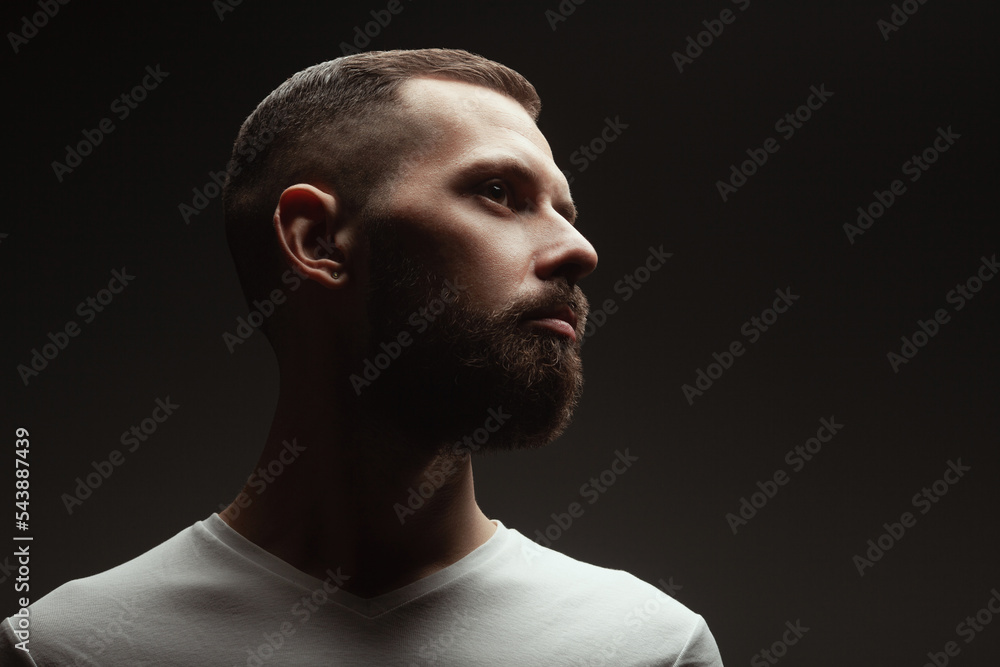 Male beauty concept. Profile portrait of proud charismatic active 30 ...