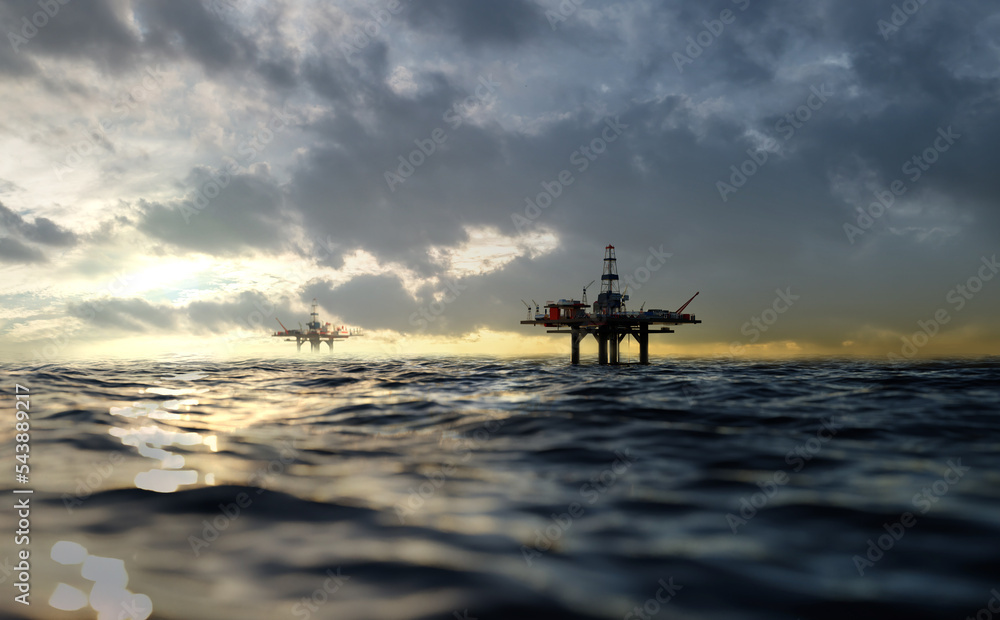 Oil platform at the sea during sunset. . Offshore oil rig, drilling rig ...
