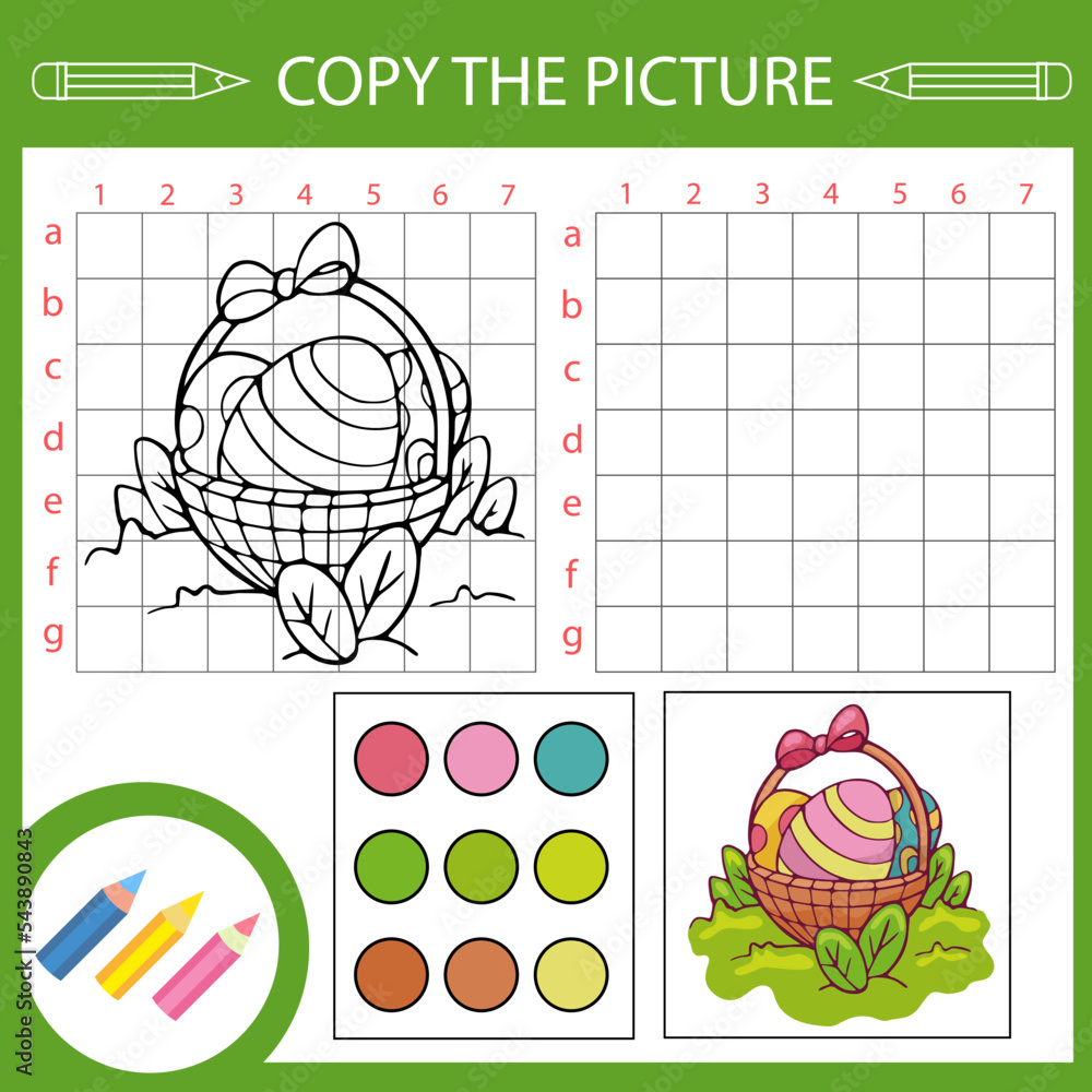 To copy redraw drawing of basket with easter eggs. Kids activity page ...