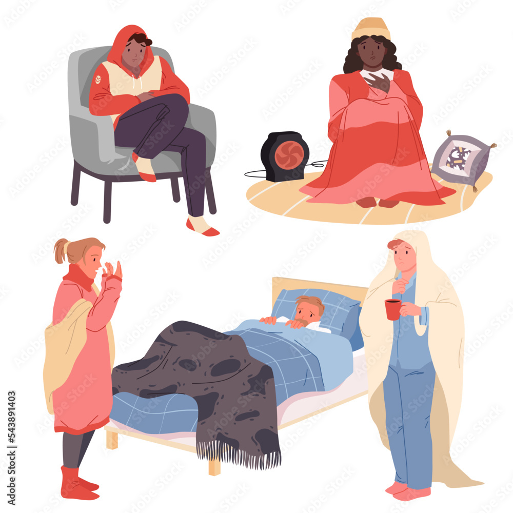 Cartoon isolated male and female characters wearing warm clothes and ...