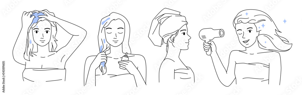 Vetor de Girls wash hair with shampoo, apply organic moisturizer ...