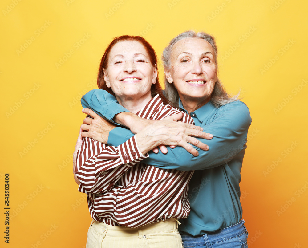 Lifestyle, friendship and old people concept. Two elderly women friends ...
