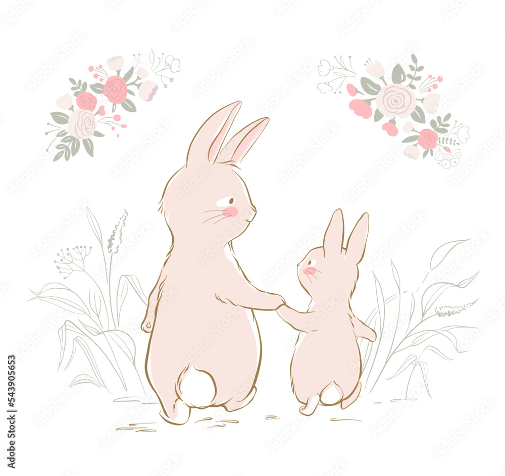 Vetor de Daddy bunny and little bunny walking together. Rear view of a ...