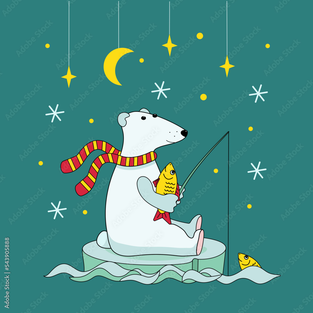 Cartoon polar bear catching fish. A polar bear sits on an ice floe with ...