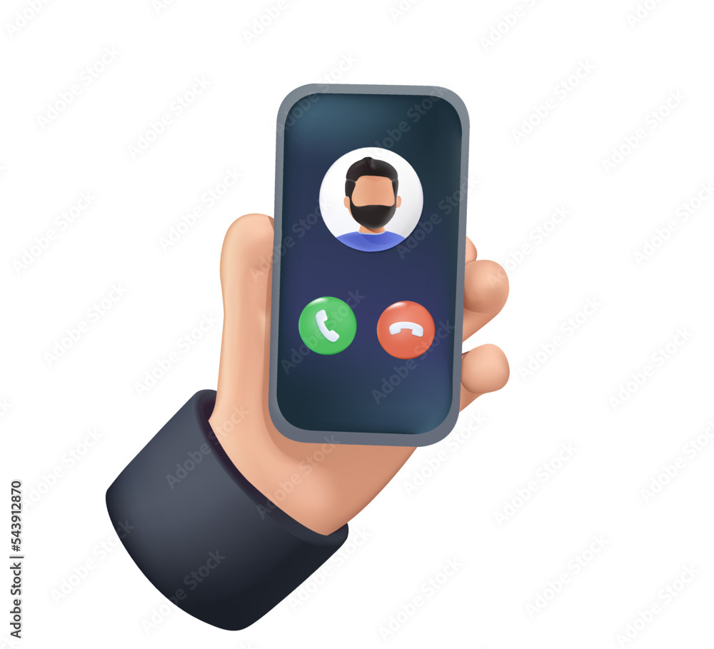 Incoming call on mobile phone. Hand holding smartphone answer and ...