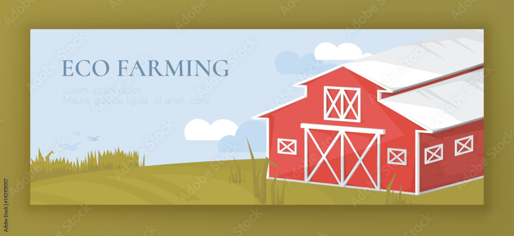Vector banner with large old vintage red barn in green field. Rural ...