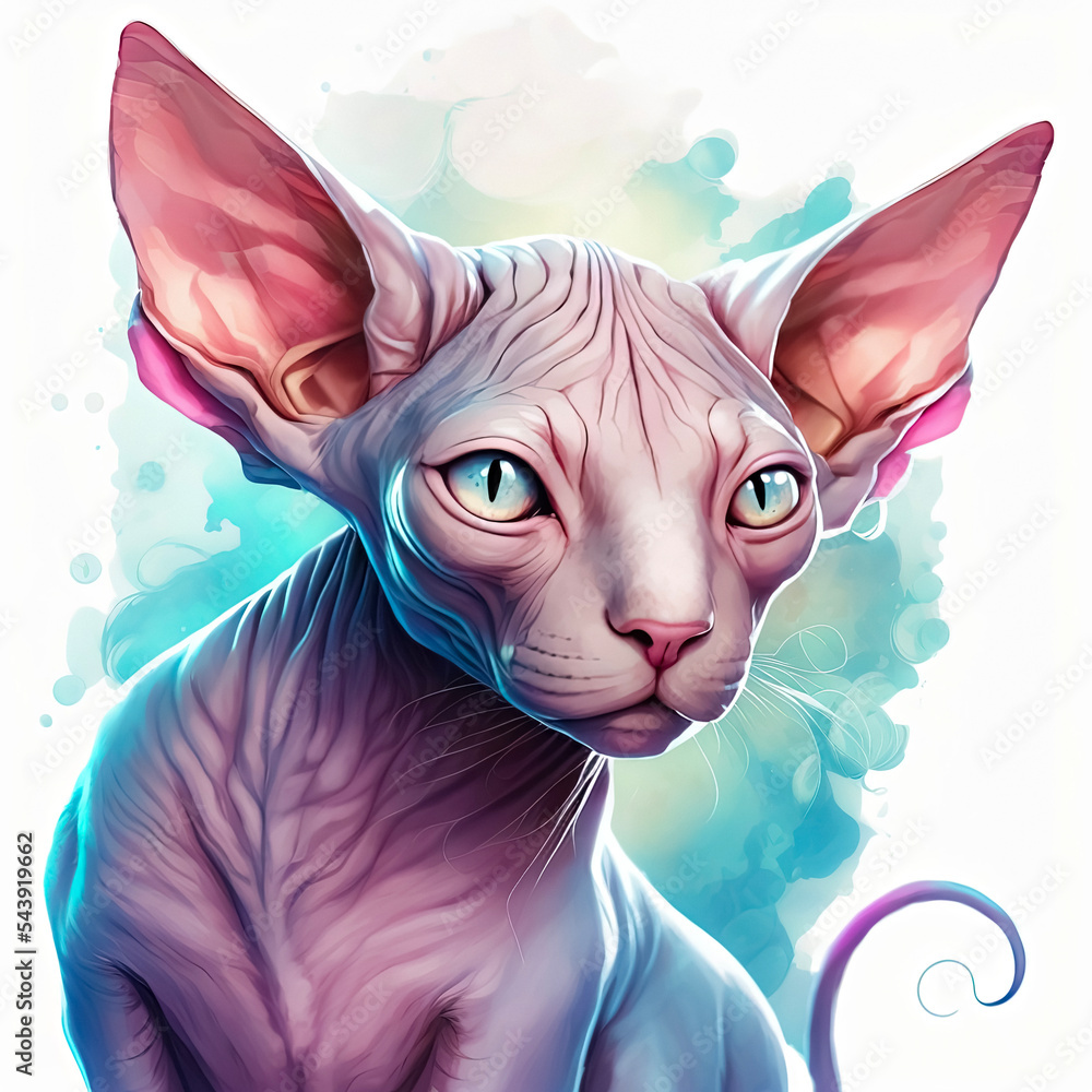 Cute sphynx cat with blue eyes, painted with watercolor, color splashes ...