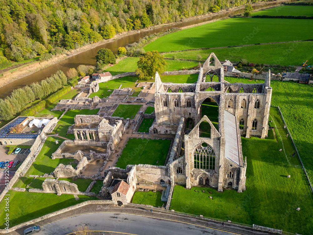 Aerial view of an ancient ruined cistercian monastery (Tintern Abbey ...
