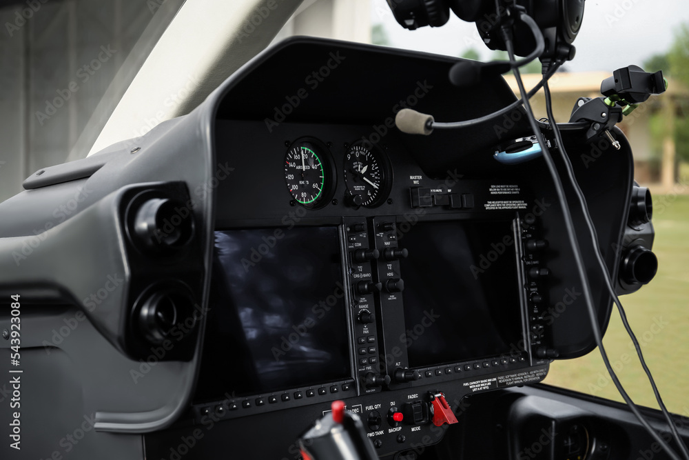 Helicopter cockpit with new modern functional panel Stock Photo | Adobe ...
