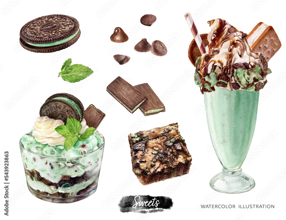 Watercolour mint chocolate milkshake with straw, ice cream and cookies ...