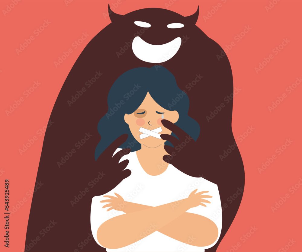 Scared woman suffers from sexual harassment or schizophrenia. Dark evil ...