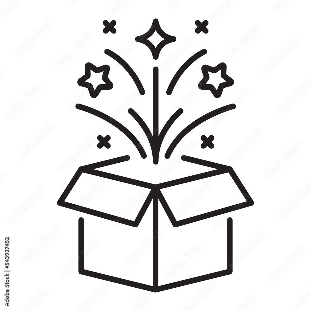 Magic box outline icon. Open gift box and magic stars Vector ...
