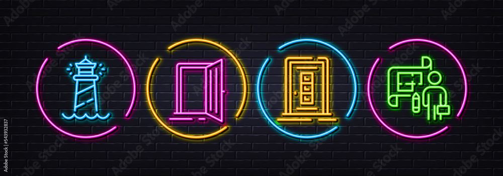 Lighthouse, Open door and Door minimal line icons. Neon laser 3d lights ...