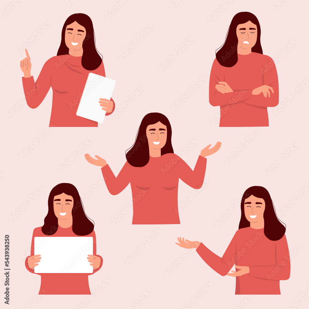 A set of girls with different hand gestures and emotions, poses. A ...