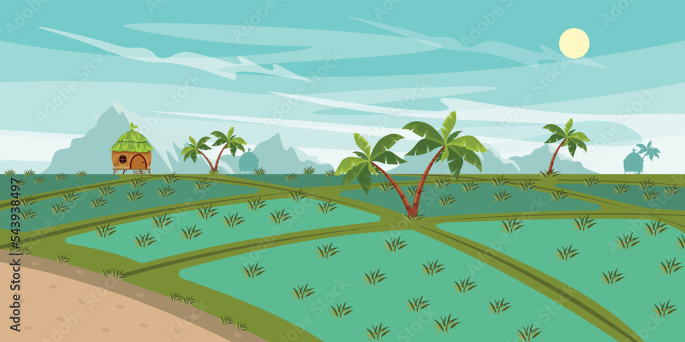 Vector illustration of beautiful rice fields. Cartoon mountains ...