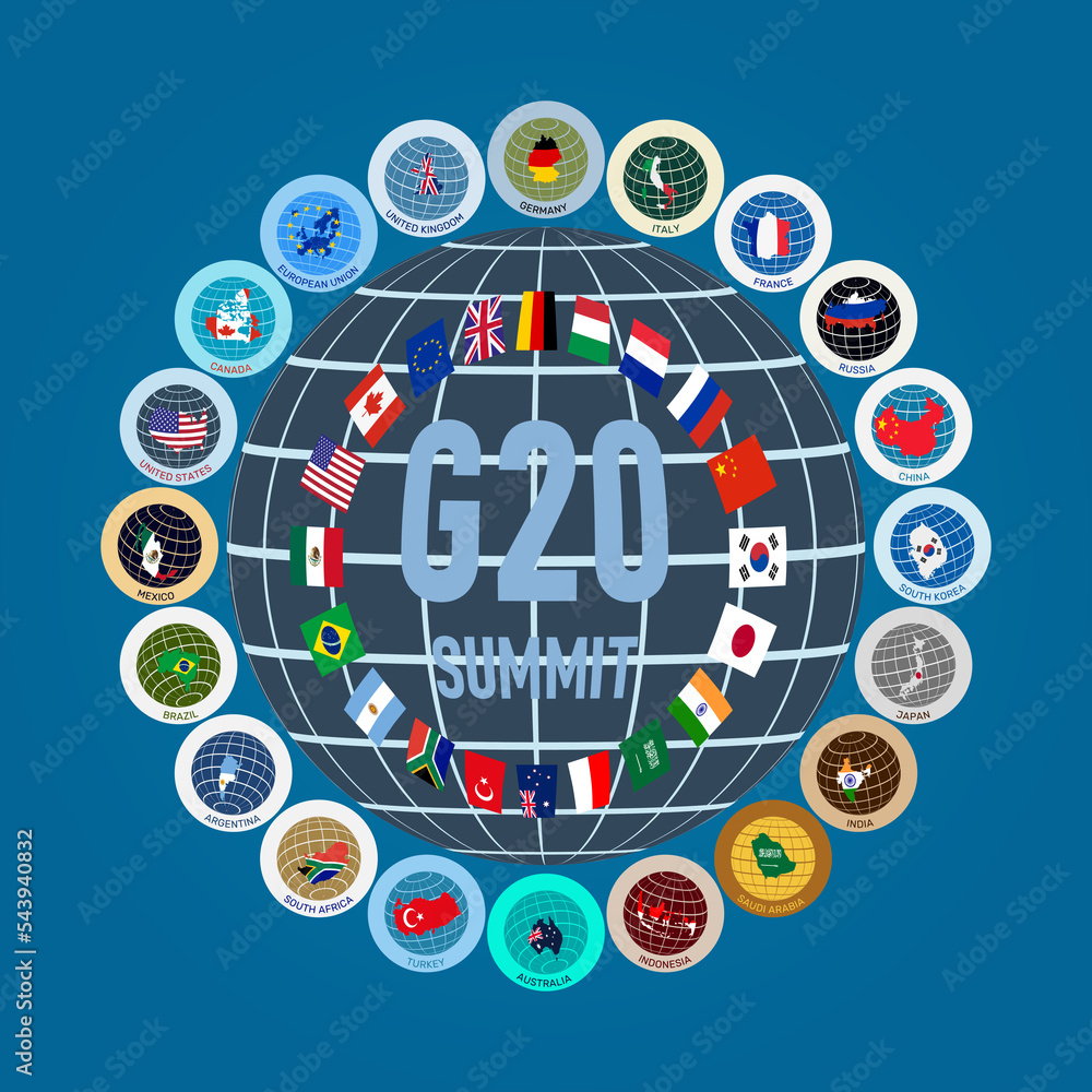 Illustration of flags and maps of the G-20 countries in the form of a ...