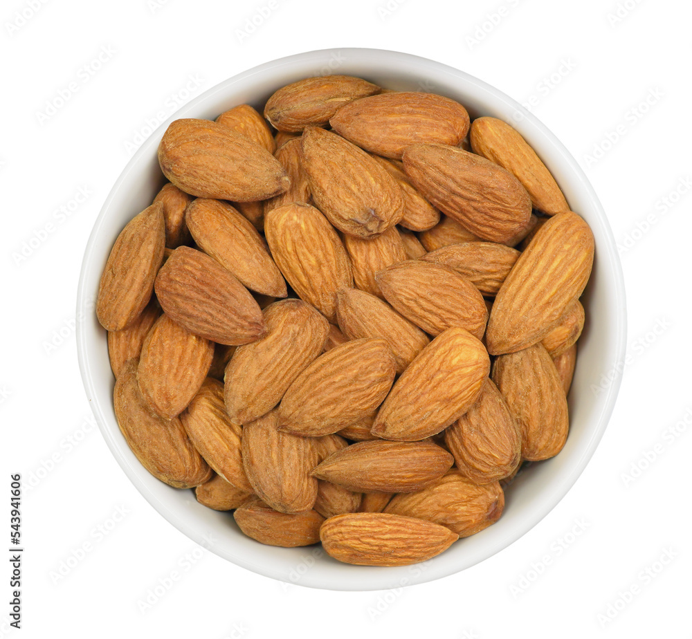 Almond seeds in a white cup top view isolated on transparent background ...