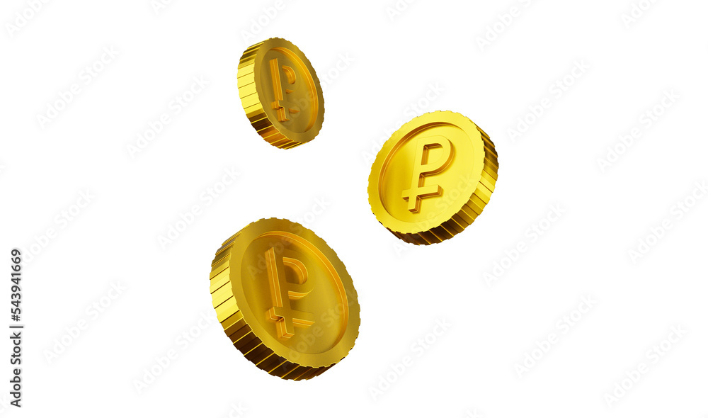 Stylized gold ruble floating coins movement on white background. 3D ...