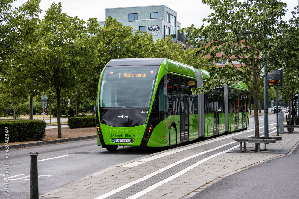 Fotka „Malmö, Sweden - July 09 2022: Green Van Hool Exqui.City bus ...