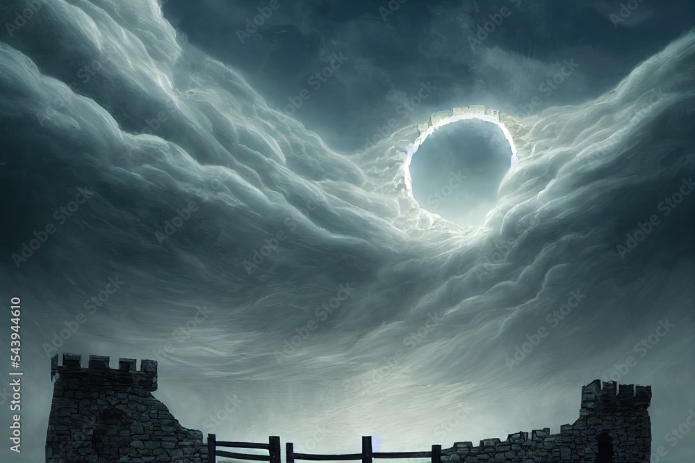Wooden gate in dim clouds in an empty room. Portal to another world ...