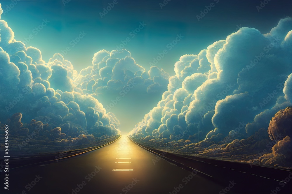 3d illustration of infinity road with clouds or never ending road ...