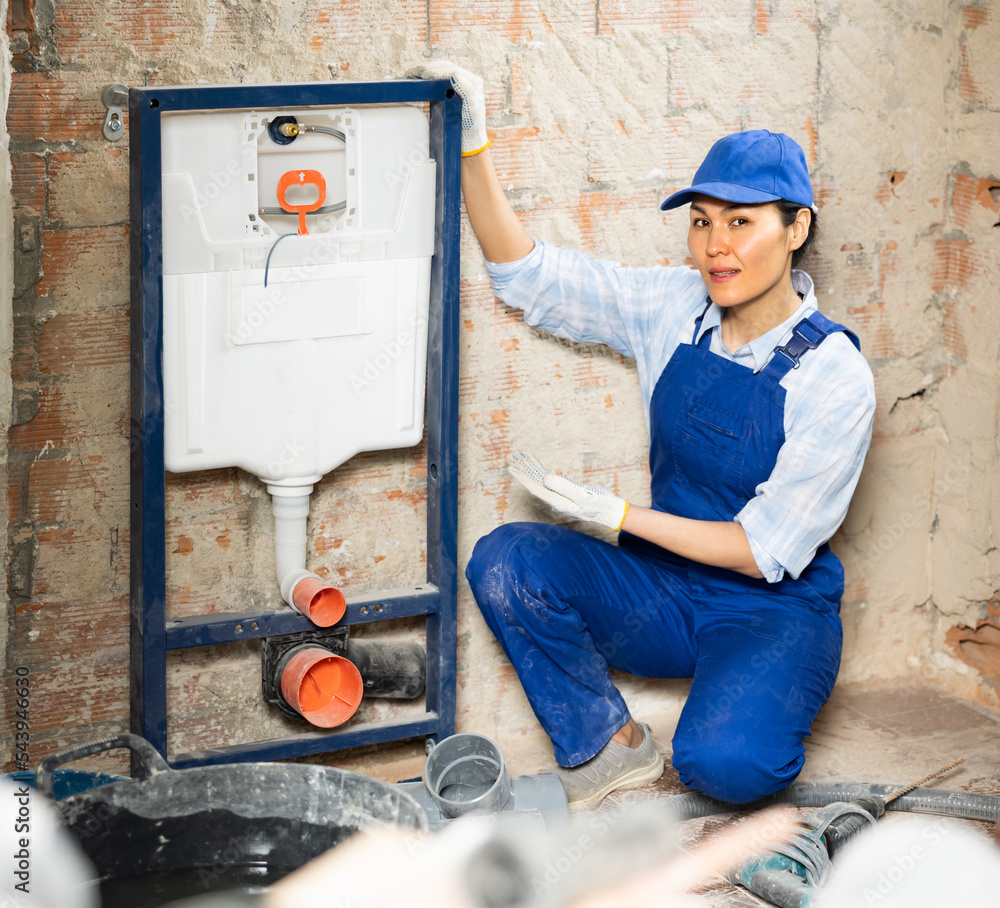 Positive female professional plumber posing near mounted on wall ...