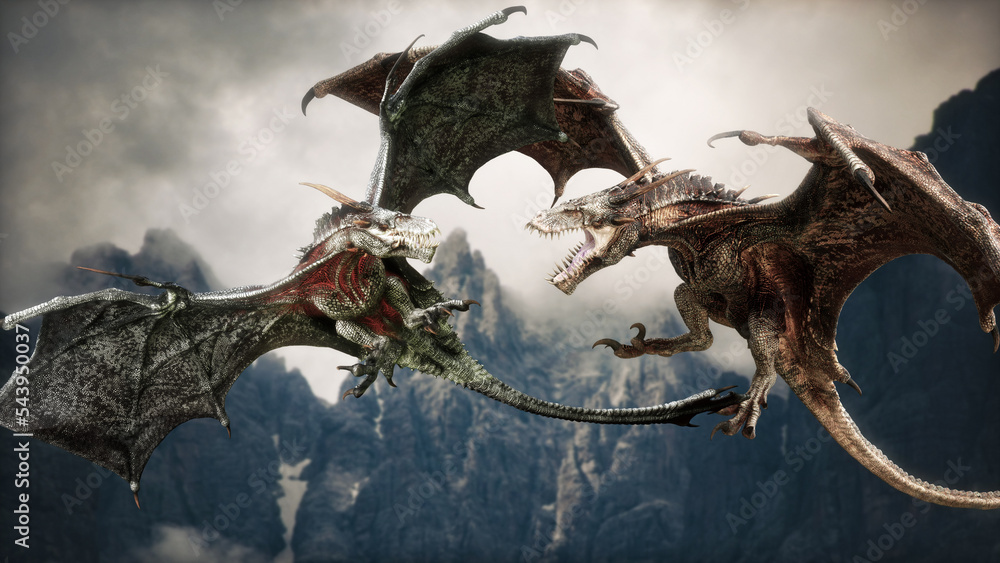 Two fierce Wyvern dragons attacking for territory high above the ...