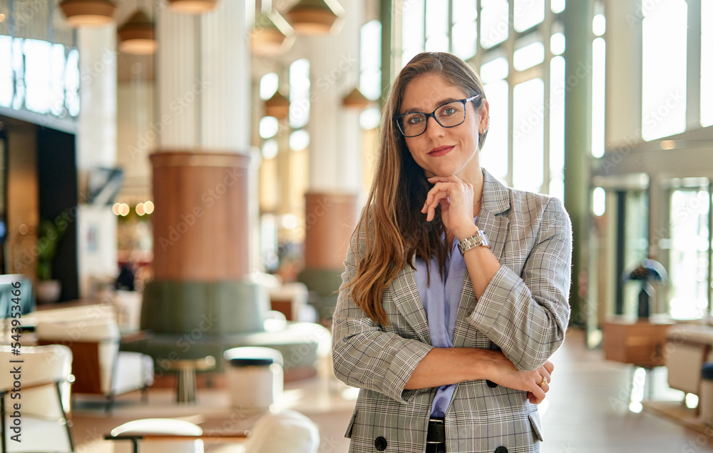 The smiling bank manager with a big smile in a big building Stock Photo ...