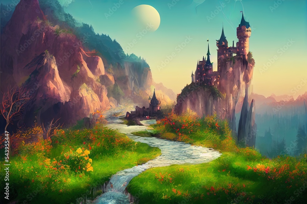 Fairy tale, cartoon background, digital art. Illustration of a fairytale castle, road, mountains ...