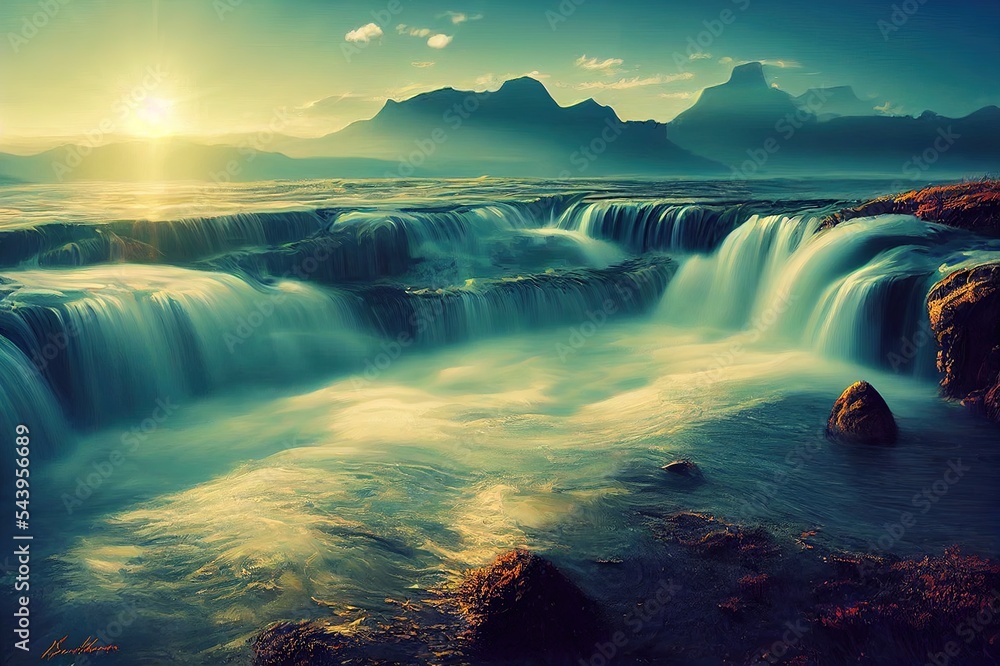 Beautiful nature water flow, water fall, sun view cloud sky winter ...